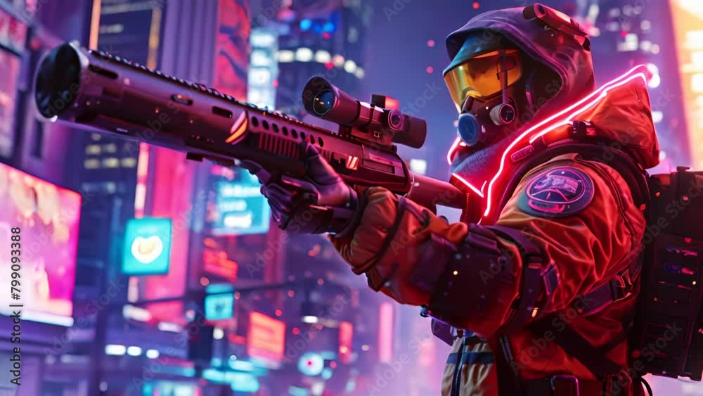 Futuristic soldier in tactical gear aiming a high-tech bazooka in a ...
