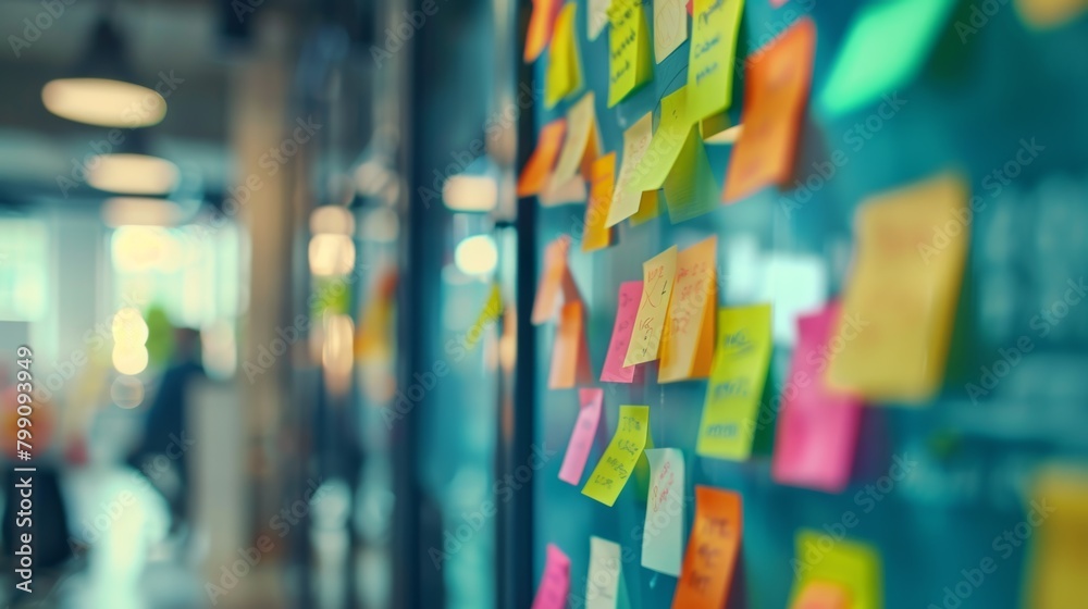Business meeting and scheduling planning with sticky notes on workflow ...