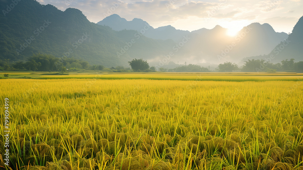 Beautiful golden ear of Thai jasmine rice plant on organic rice field ...