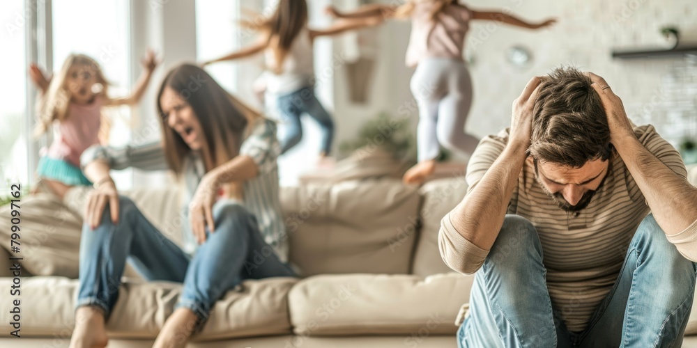 Parents frustrated, sofa and headache with kids jumping in living room ...