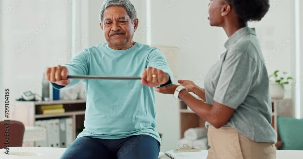 Vidéo Stock Resistance band, physiotherapy and senior man in clinic for ...
