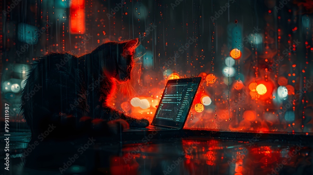 Foto de the captivating scene of an abstract cat hacker at work, their ...