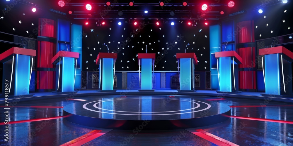 republican debate background. Empty debate stage with colorful neon ...