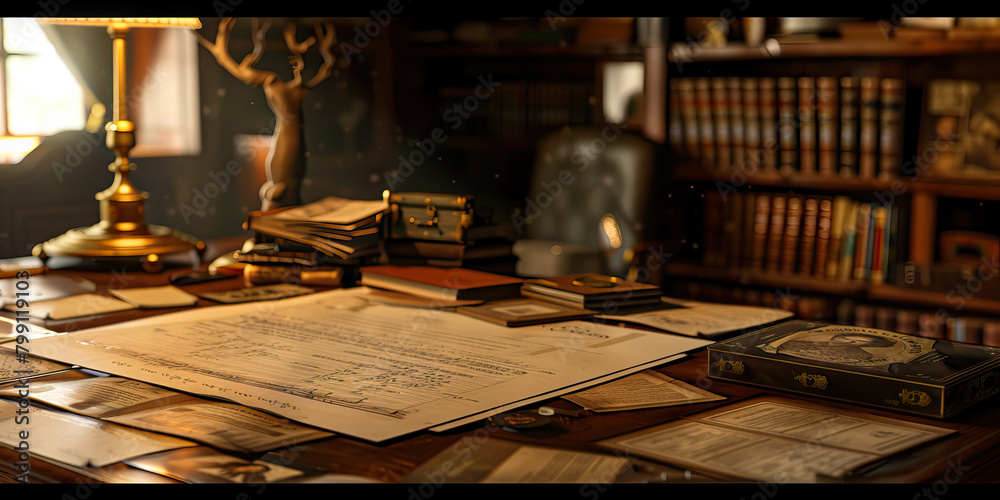 Close-up of a genealogist's desk with family tree charts and historical ...