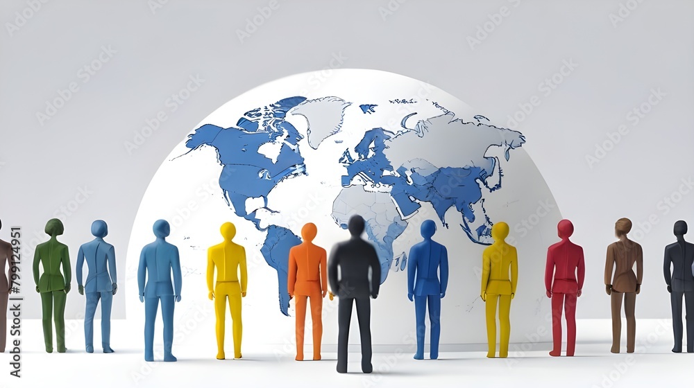 Multicultural people standing in front of world map, human puppet ...