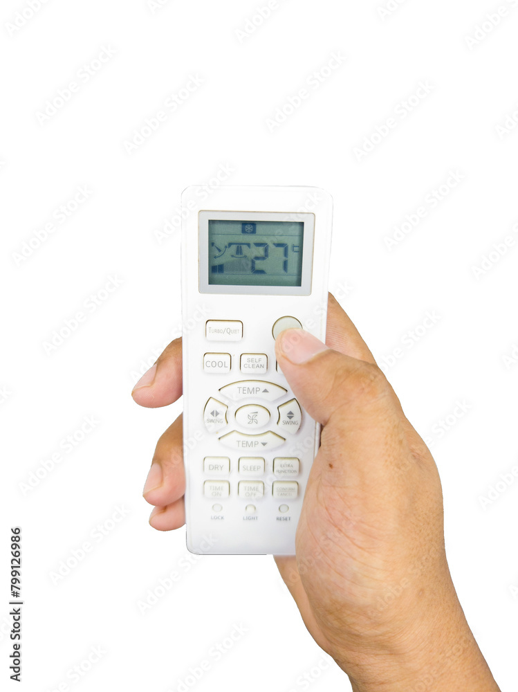 Hand holding remote control isolated on a white background with ...