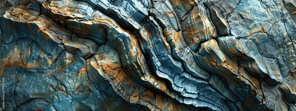 Rock detail with blue variants. stone curves and smooth cuts Close up ...