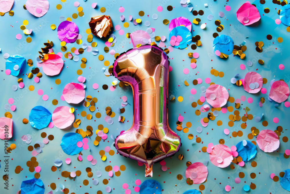 Number 1 happy birthday background. Foil party balloon with confetti ...