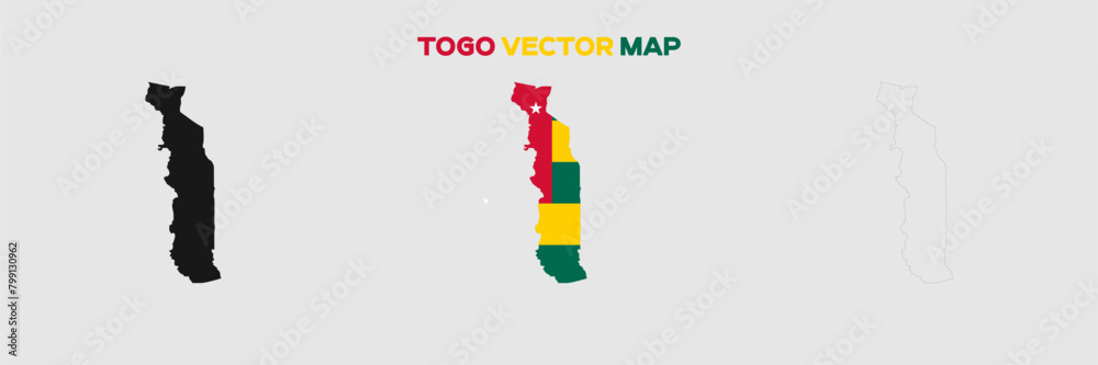 Togo Map Vector Pack. Map with Flag. Gray Map Silhouette. Gray Outline ...