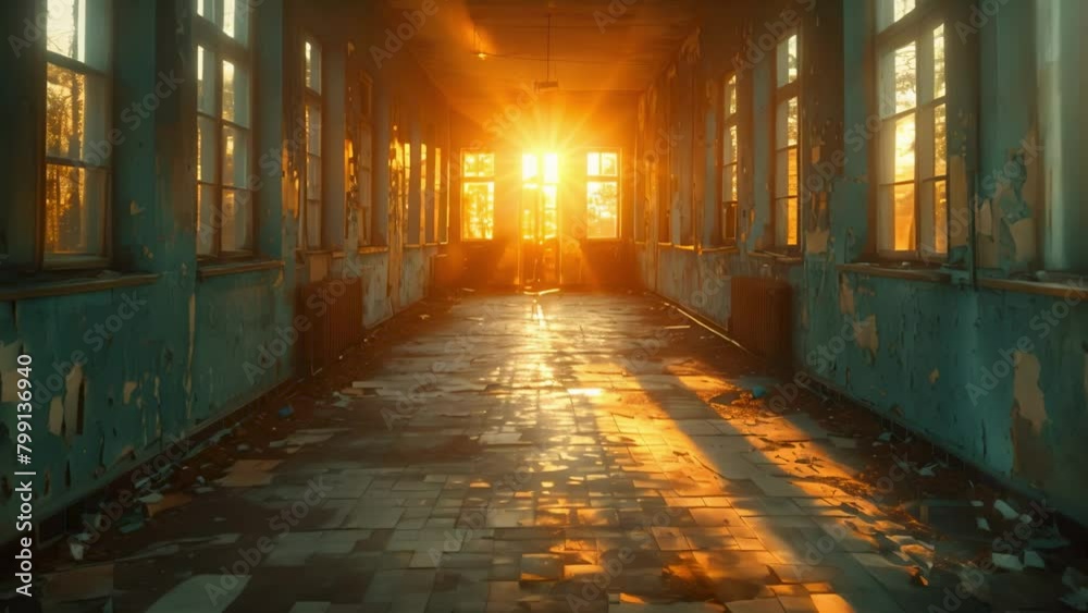 Sunlight piercing through windows illuminates a cluttered dilapidated ...