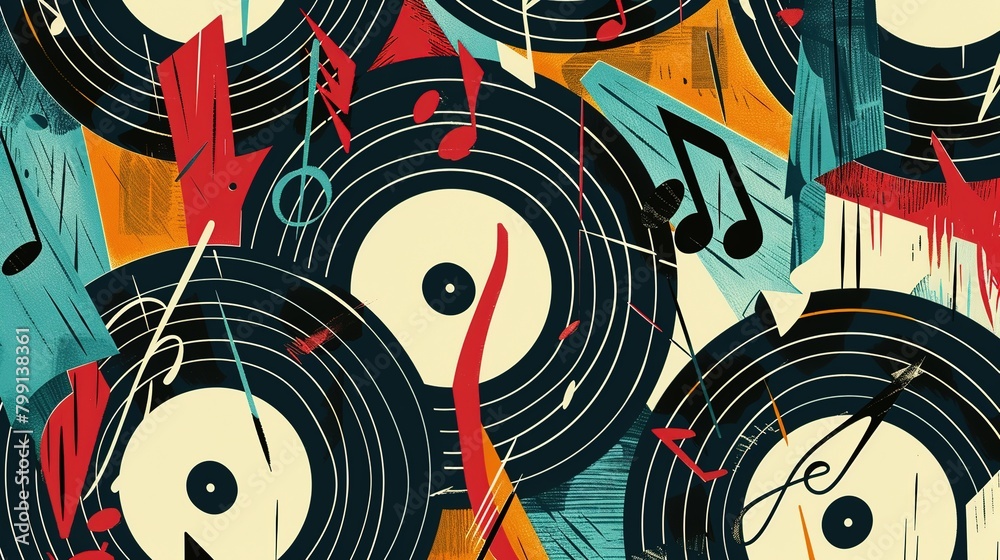 Stylized vinyl records and music notes in a 1950s-70s hybrid style ...