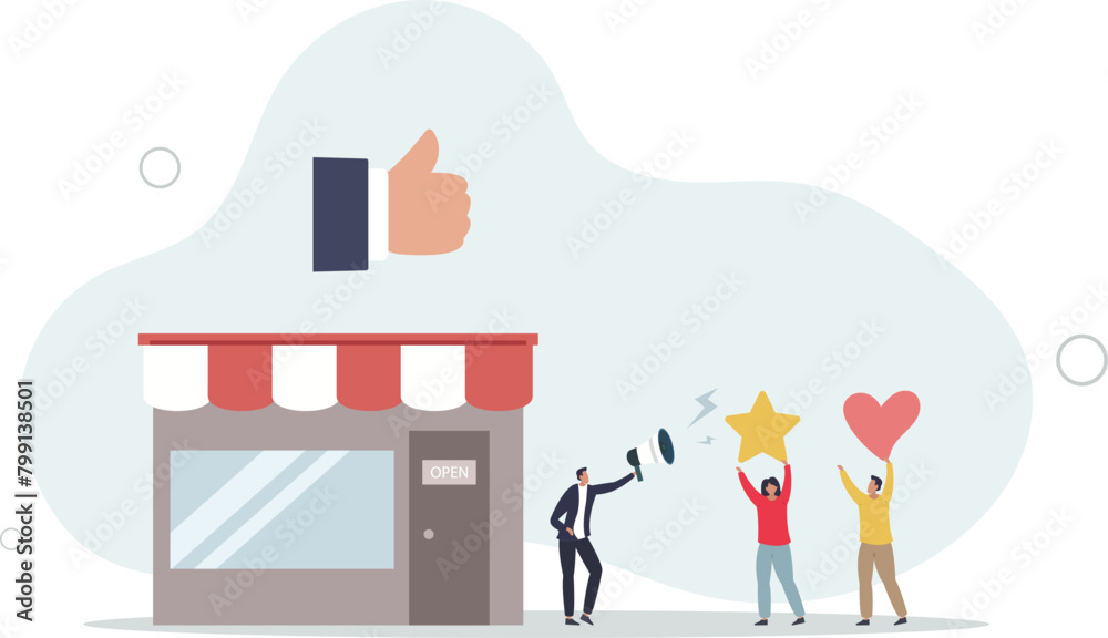 store owner with megaphone tell loyalty customers with brand positive ...