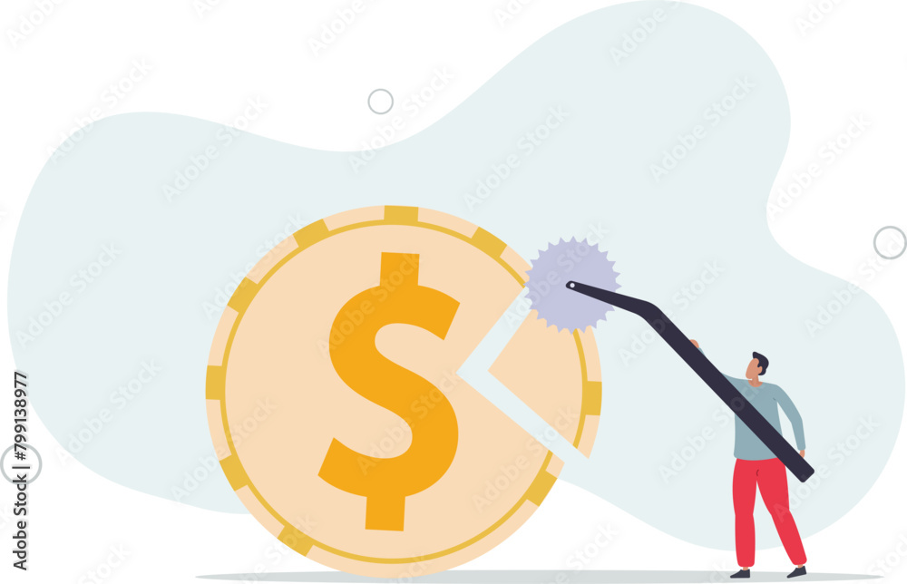 businessman using pizza cutter to split golden dollar money coin.flat ...