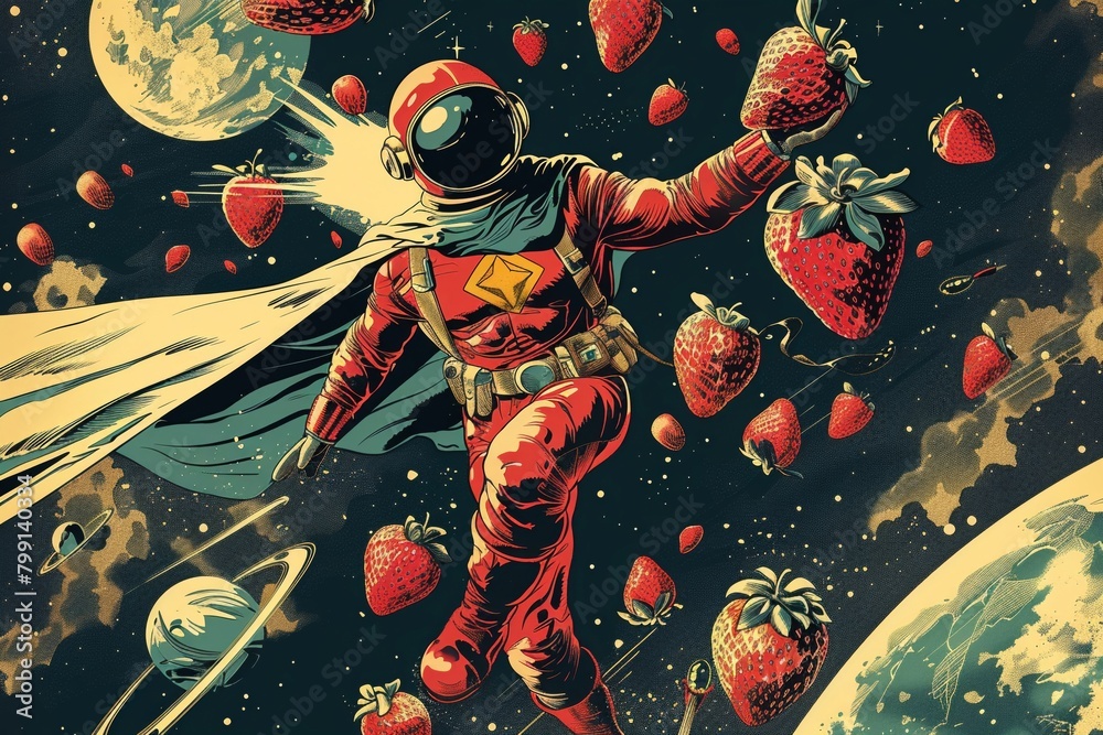 Vintage comic style scene of a superhero powered by strawberries ...
