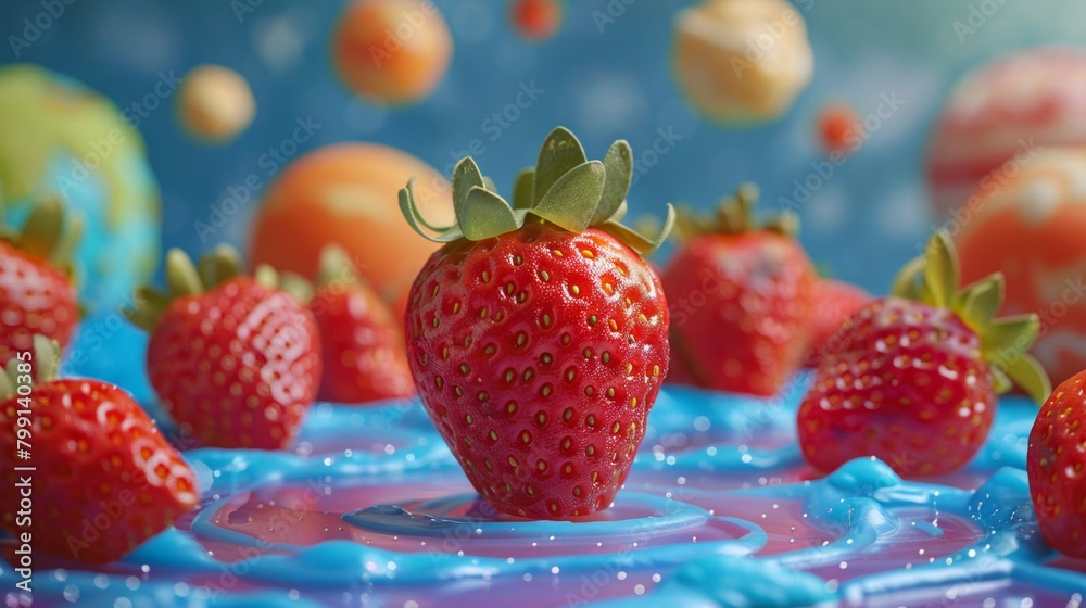 Visual metaphor of strawberries as tiny planets in a solar system model ...