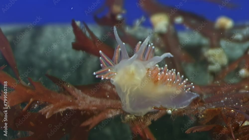 Slow movements of underwater nudibranch sea slug Flabellina in clear ...