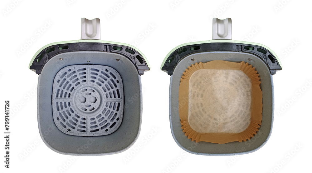Top view of empty air fryer's basket with and without disposable ...