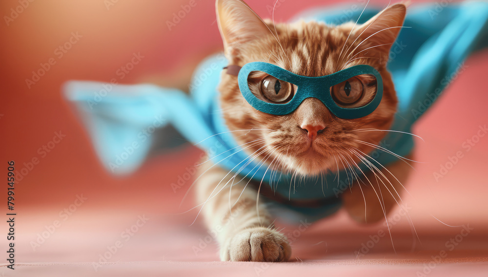 Superhero cat, orange tabby with blue cape and mask running on pink ...