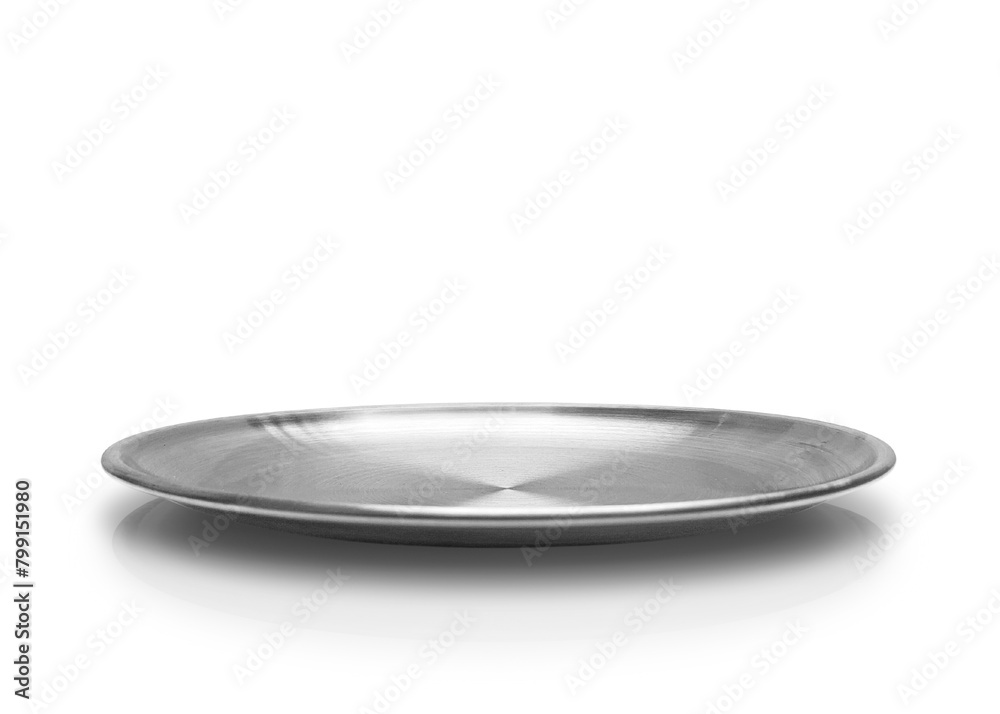 Front view of silver metal plate isolated on white background. Empty ...