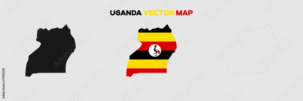 Uganda Map Vector Pack. Map with Flag. Gray Map Silhouette. Gray ...