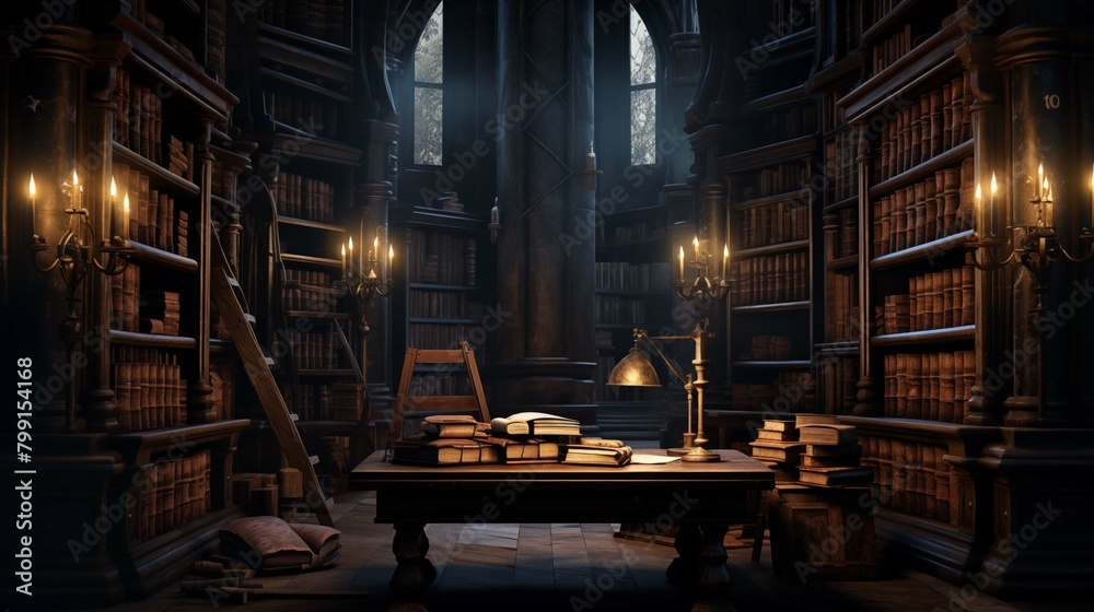 Historic study room with wooden bookshelves and desk illustration ...