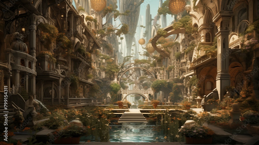 Urban oasis with intricate stone architecture 2D cartoon illustration ...