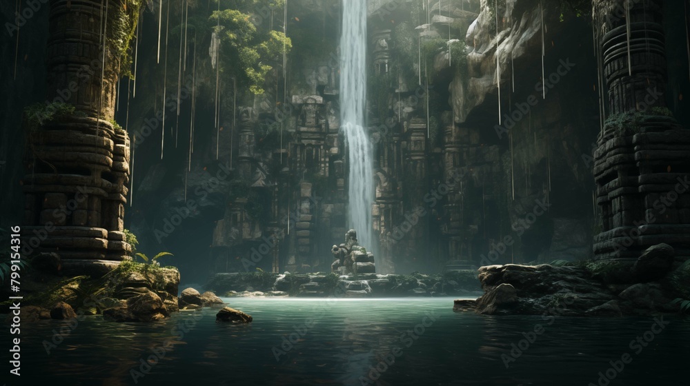 Serene waters cascade past ancient ruins illustration. Hidden temple ...
