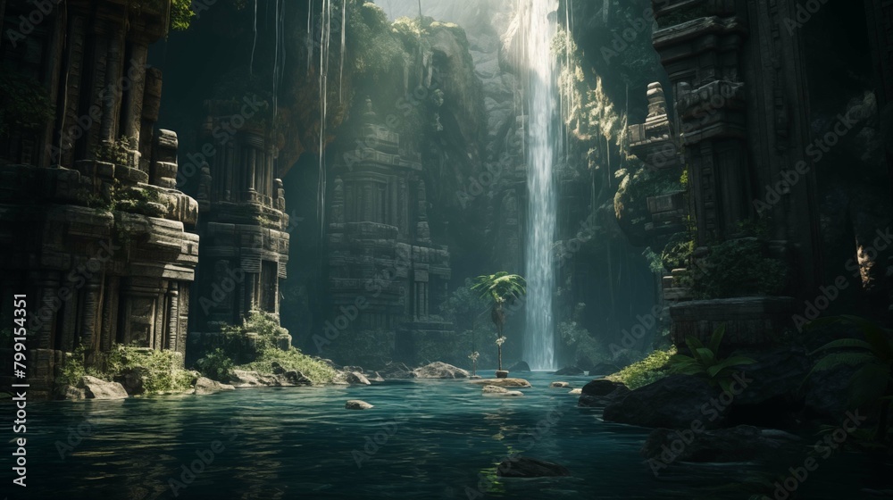 Sun rays peek through secluded temple illustration. Tranquil ruins ...