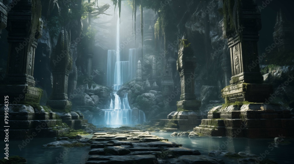 Mystical waterfall cascading within hidden temple illustration. Lush ...