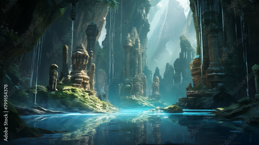 Ancient jungle temple ruins on tranquil waters illustration. Forested ...