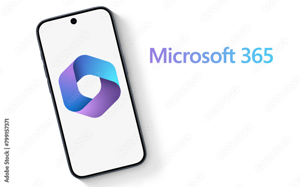 Microsoft 365 Logo is displayed on a smartphone, white underground ...