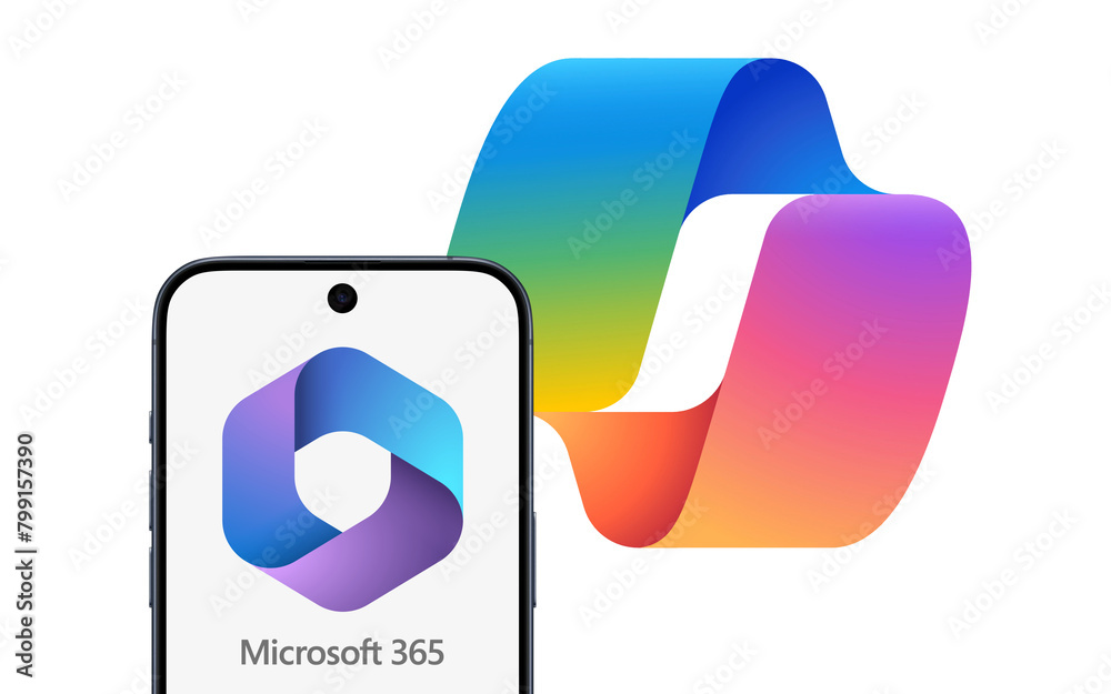 Microsoft 365 Logo is displayed on a smartphone, big Copilot logo ...