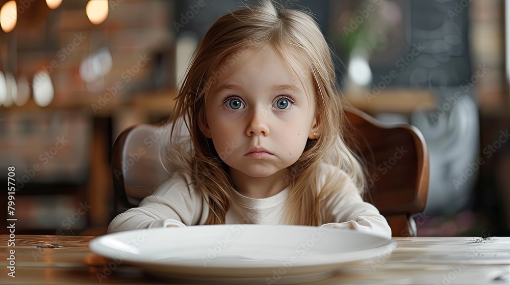 child has anorexia. little girl in front of food plate, concept child ...