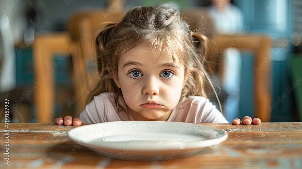 child has anorexia. little girl in front of food plate, concept child ...