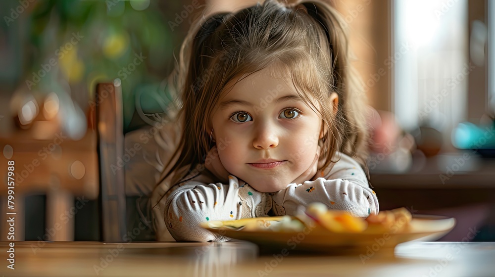 child has anorexia. little girl in front of food plate, concept child ...