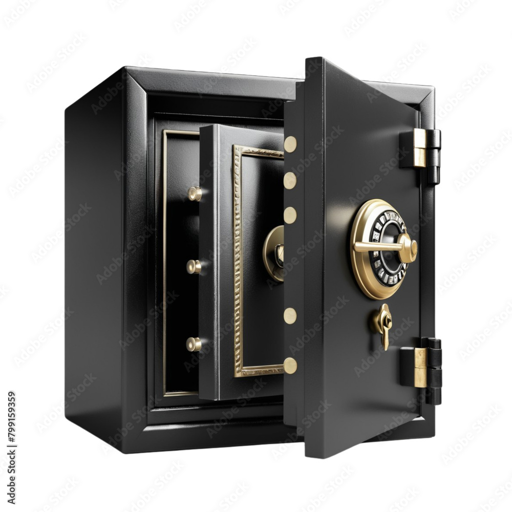Black bank safe with open steel door on Isolated transparent background ...