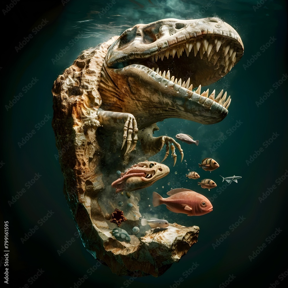 Ferocious prehistoric sea monster trapped in stone devouring its prey ...