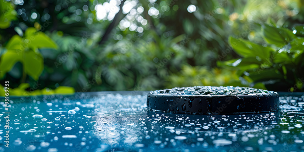 Pail water dipper blue old rain water with pool cover pump on top of ...