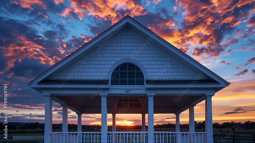 New clubhouse under a breathtaking sunset sky, showcasing a white porch ...