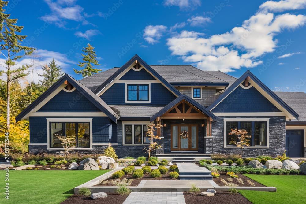 The elegant frontage of a rich indigo craftsman cottage style house ...