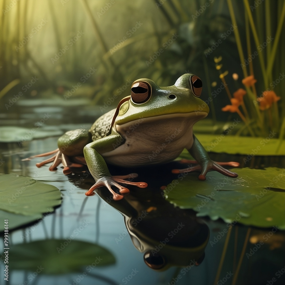 Frog at the Swamp. A Frog Amidst Lotus Trees and Aquatic Plants.This ...