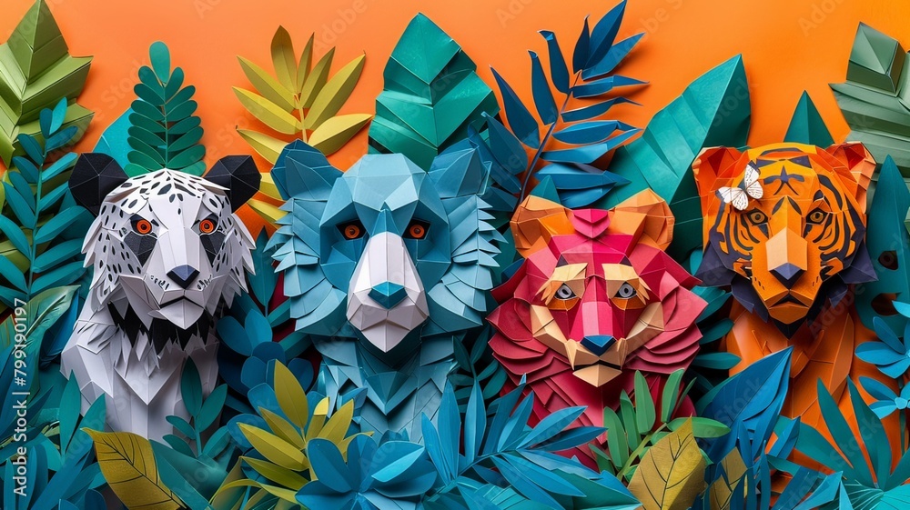 Four animals in a jungle made of paper Stock Photo | Adobe Stock