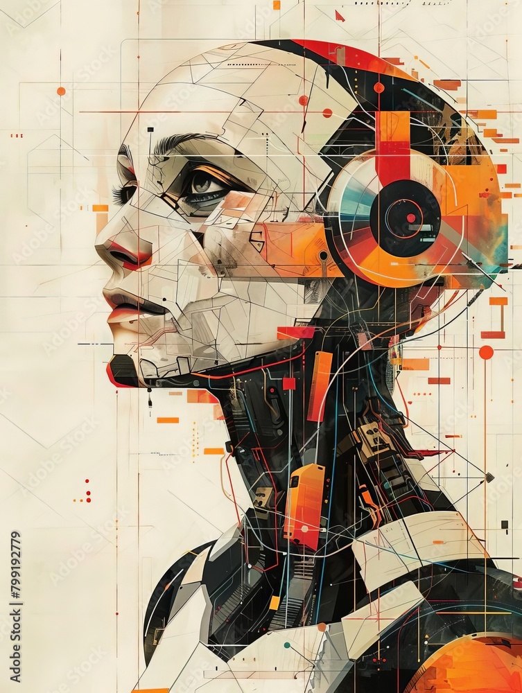 Illustrate a humanoid robot surrounded by floating geometric shapes and ...