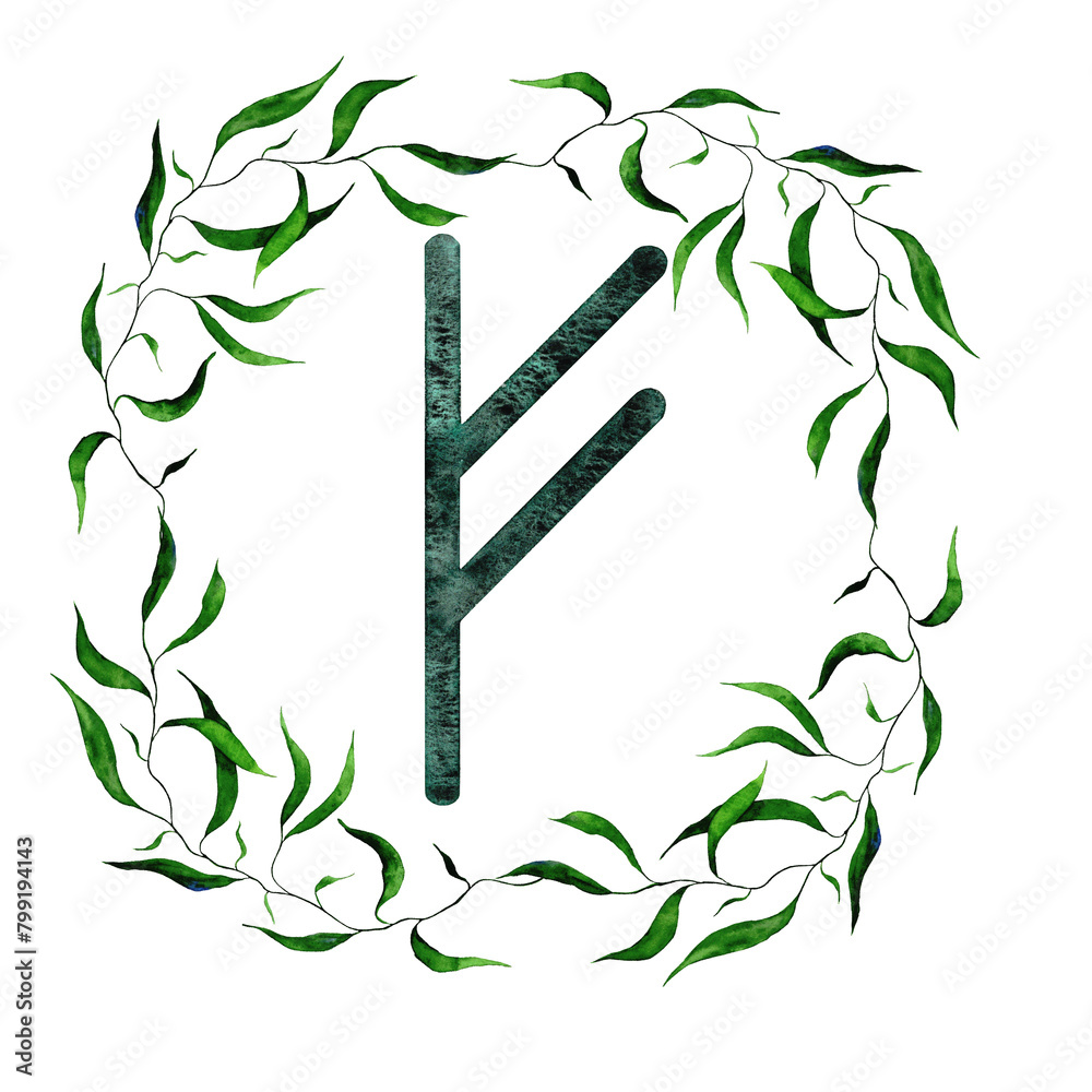 Watercolor illustration with the fehu rune and a wreath of green ...