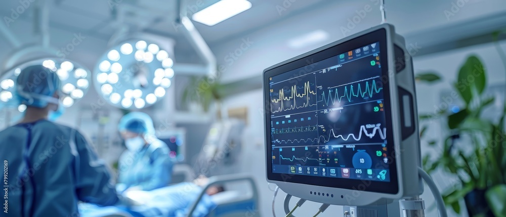 The image shows a patient in surgery. A monitor displays the patient's ...