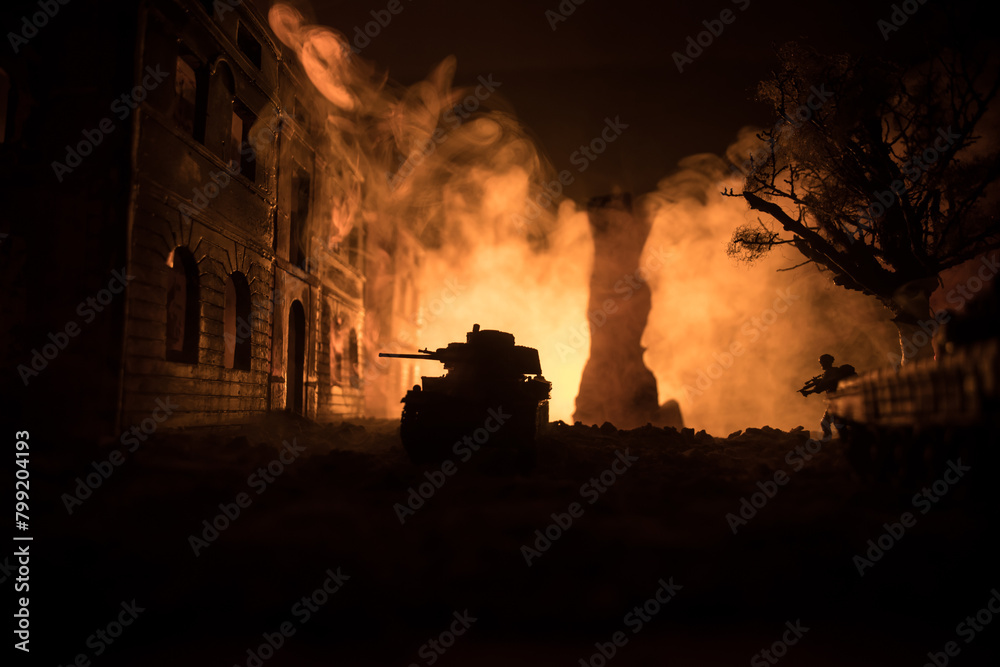 War Concept. Military silhouettes fighting scene on war fog sky ...