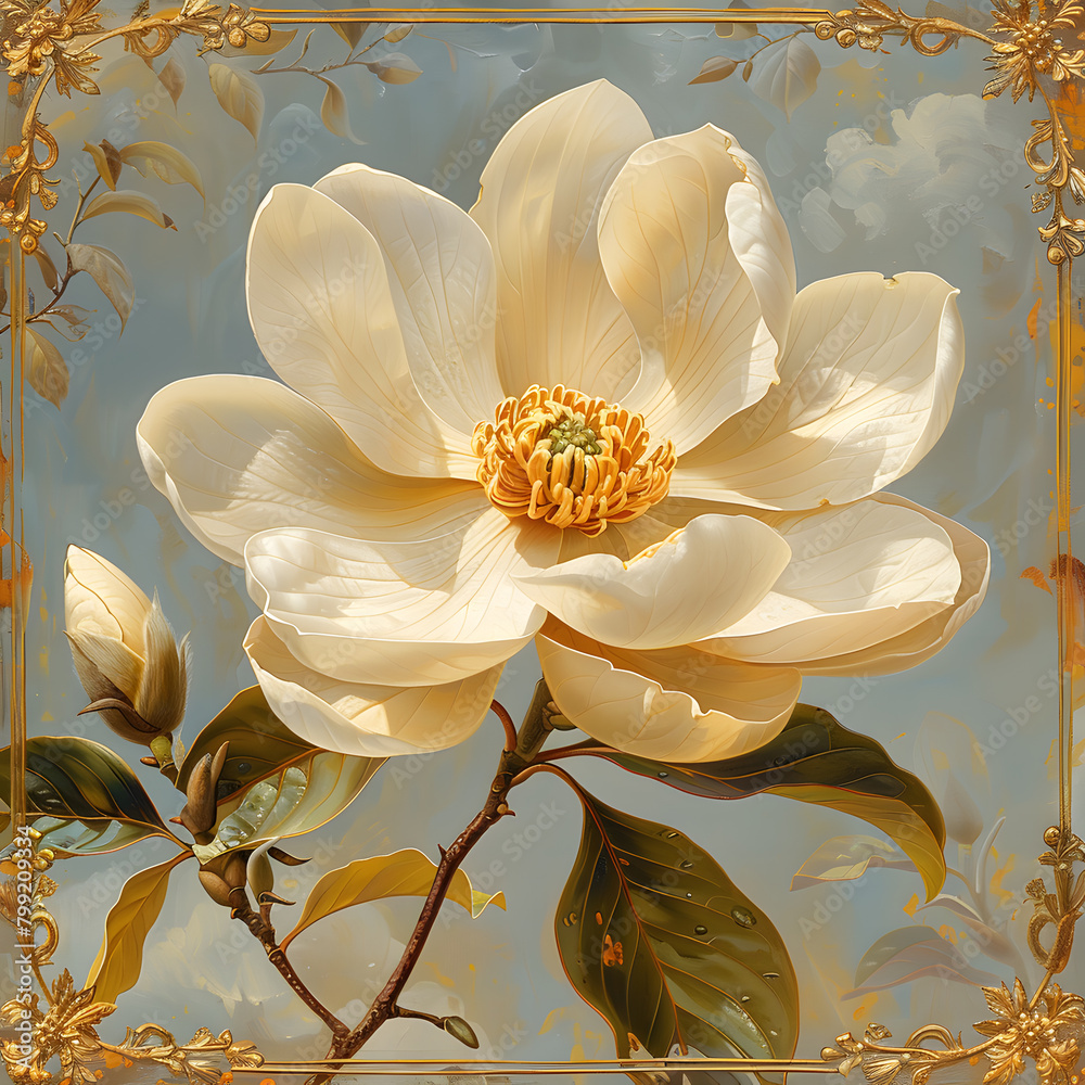 Elegant Magnolia Bloom Illustration with Yellow Border on Grey Canvas ...