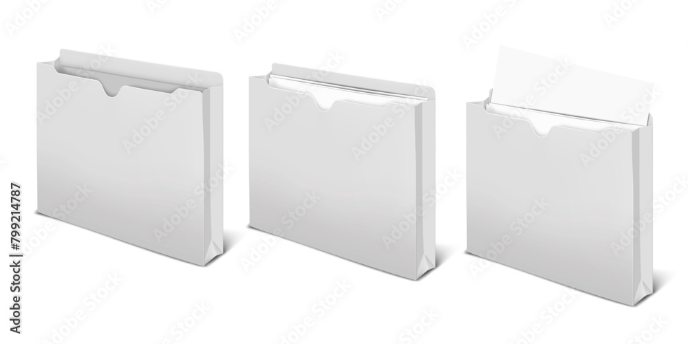 Blank file jacket box with white paper sheets. Realistic vector mockup ...