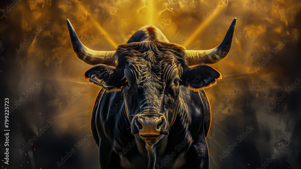 Craft an eyecatching visual of a frontal view bull as a metaphor for a ...