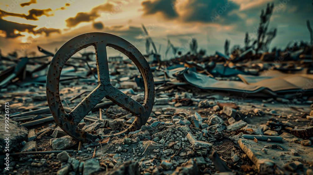 A symbol of peace juxtaposed with images of devastation and destruction ...